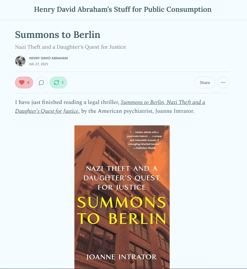 Henry David Abraham's Review of Summons to Berlin | Joanne Intrator